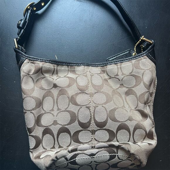 Coach | Bags | Coach Signature Monogram Black Shoulder Bag Gold ...
